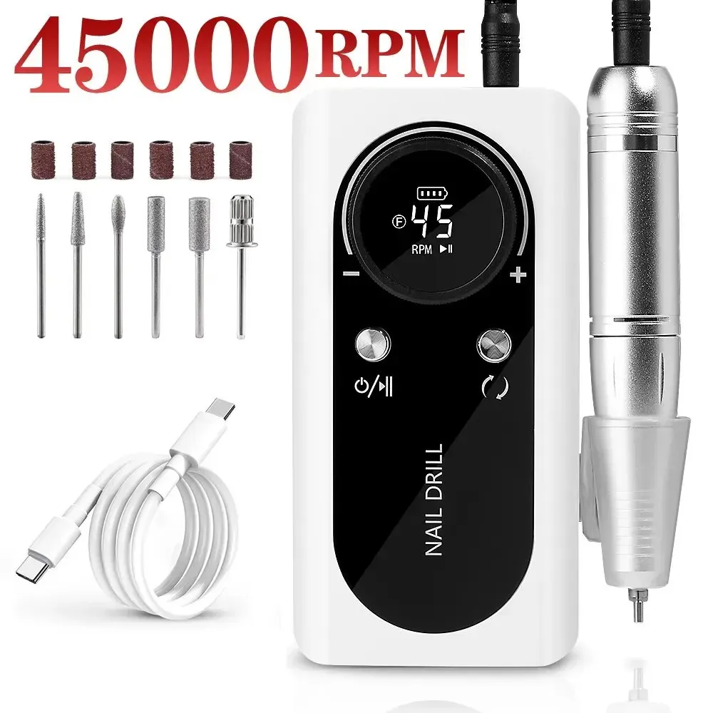 45000RPM Electric Nail Drill - Portable Rechargeable Manicure Set with ...