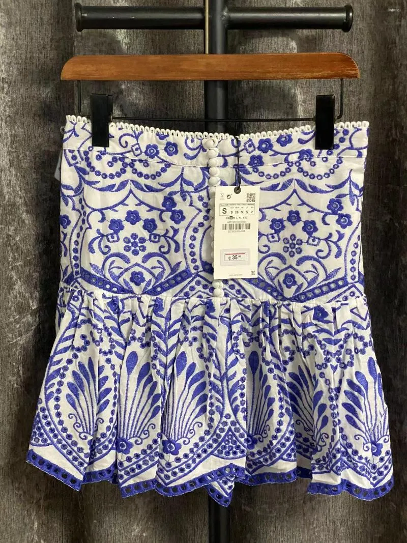 Mini Falda De Línea A Bordada, Azul Blanco, Cintura Alta, Verano ...