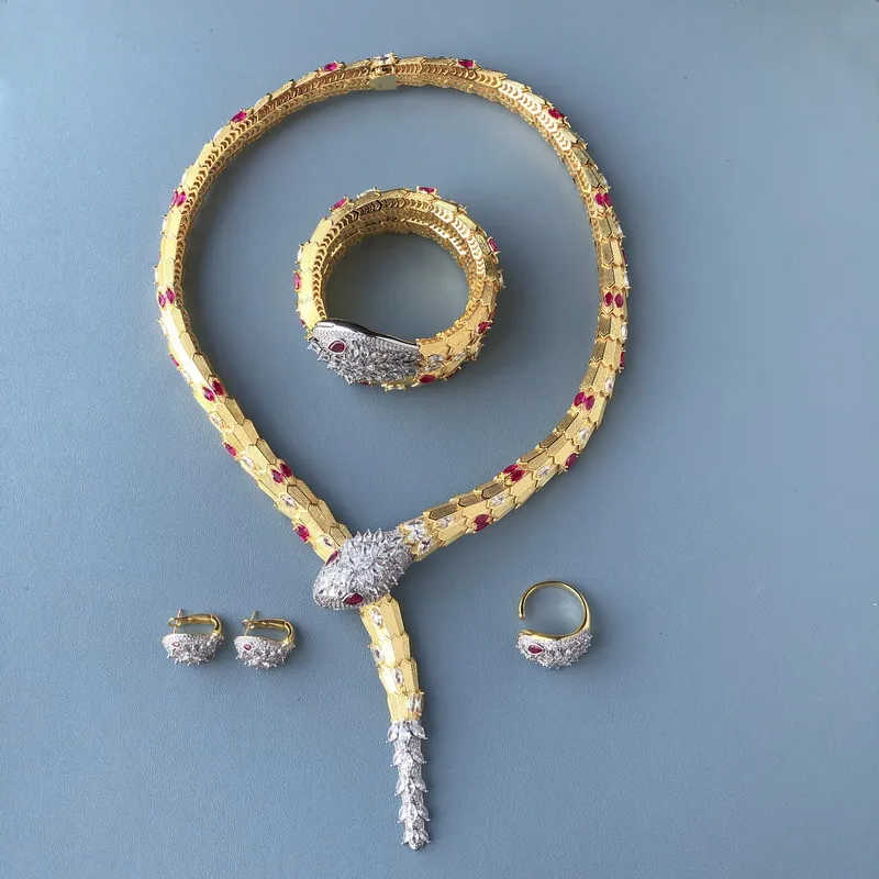 Serpentine Jewelry Set: Designer Snake Choker Necklace, Bracelet, Earrings - Diamond Plated Gold ...