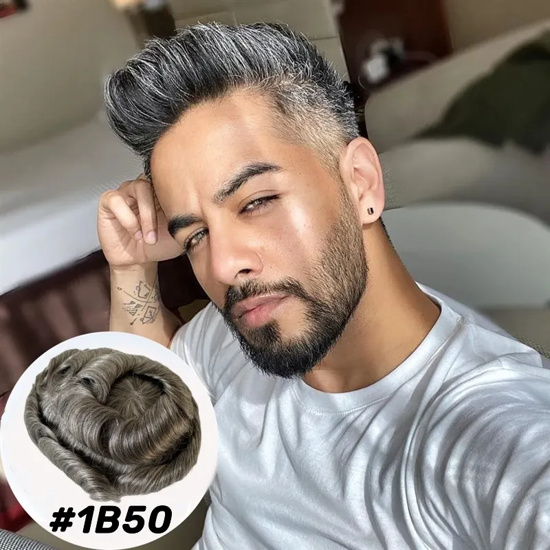 Premium Indian Virgin Hair Toupee - 1B50 Grey, 8x10 Skin Base Men's ...