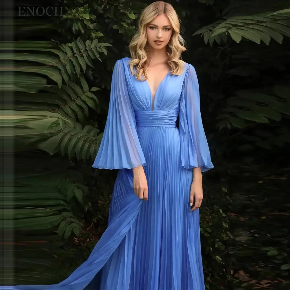 2024 Elegant V Neck Chiffon Maxi Evening Party Dress With Pleated Long