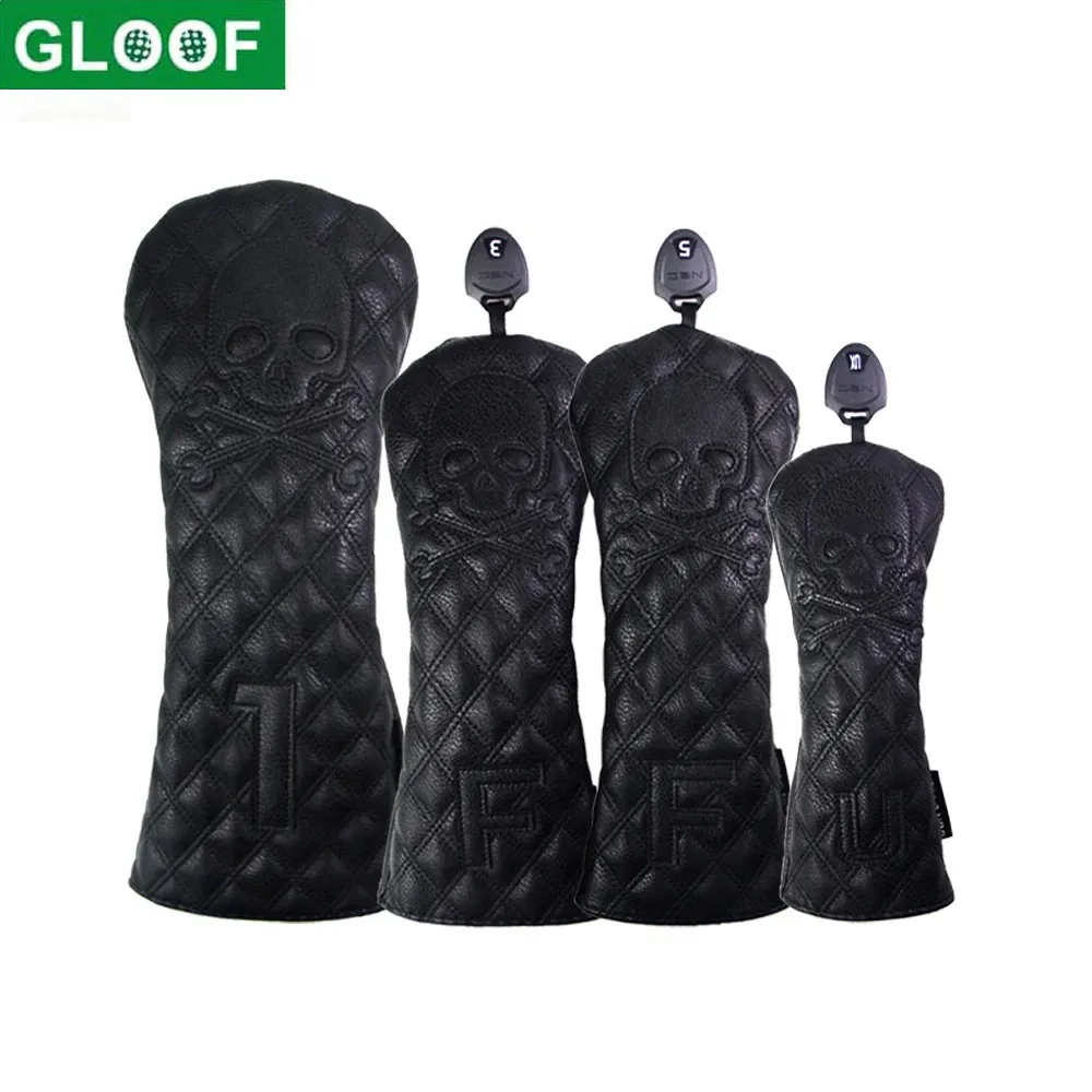 GLOOF Golf Skull Skeleton Head Cover Set Black Leather Golf Club Cover ...