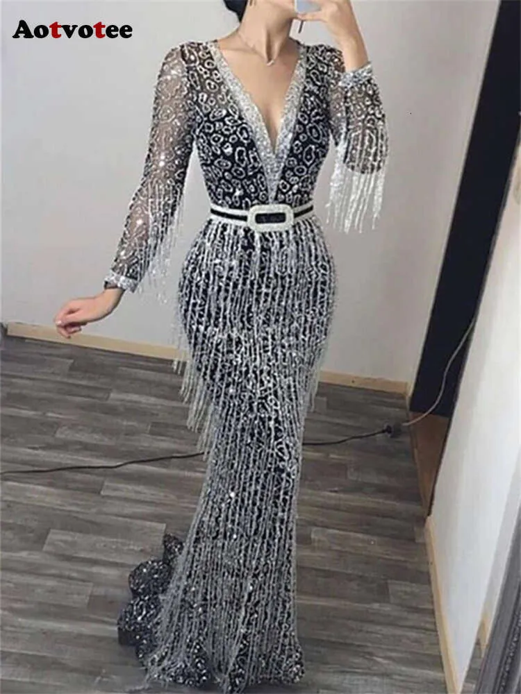 DHgate.com:Womens Long Sleeve V Neck Tassel Floor Length Evening Dress ...