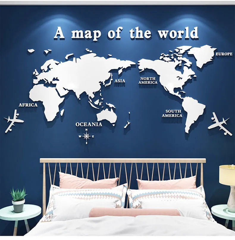 Wall Stickers World Map Acrylic 3D Solid Crystal Bedroom Wall With ...
