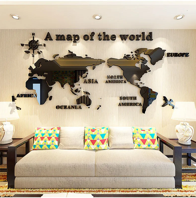 Wall Stickers World Map Acrylic 3D Solid Crystal Bedroom Wall With ...