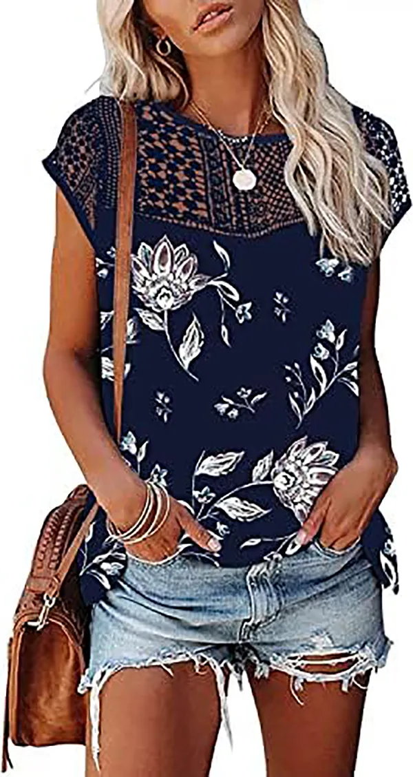 Floral Cap Sleeve Tops for Women - Summer Trendy Lace T-Shirts, Loose ...