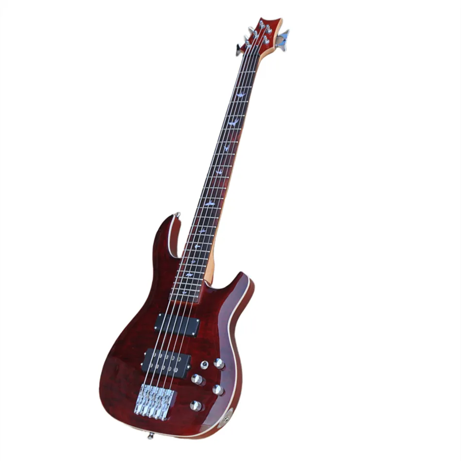 5-String Wine Red Electric Bass Guitar - Quilted Maple Veneer, Custom ...