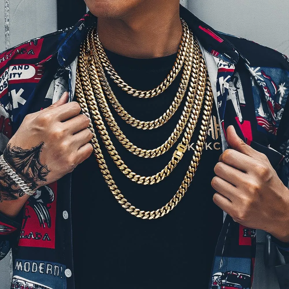 Mens Gold Cuban Chain 8mm, 18K Gold Plated Titanium Steel Curb Link ...