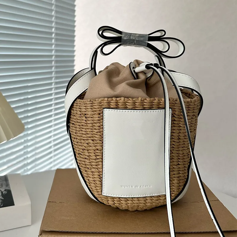 Womens Woven Straw Bucket Bag With Canvas Lining, Genuine Leather, And ...