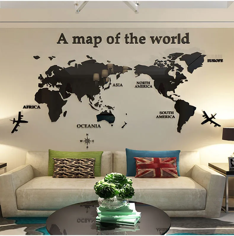 Wall Stickers World Map Acrylic 3D Solid Crystal Bedroom Wall With ...
