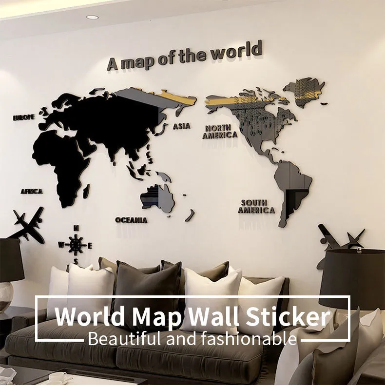 Wall Stickers World Map Acrylic 3D Solid Crystal Bedroom Wall With ...