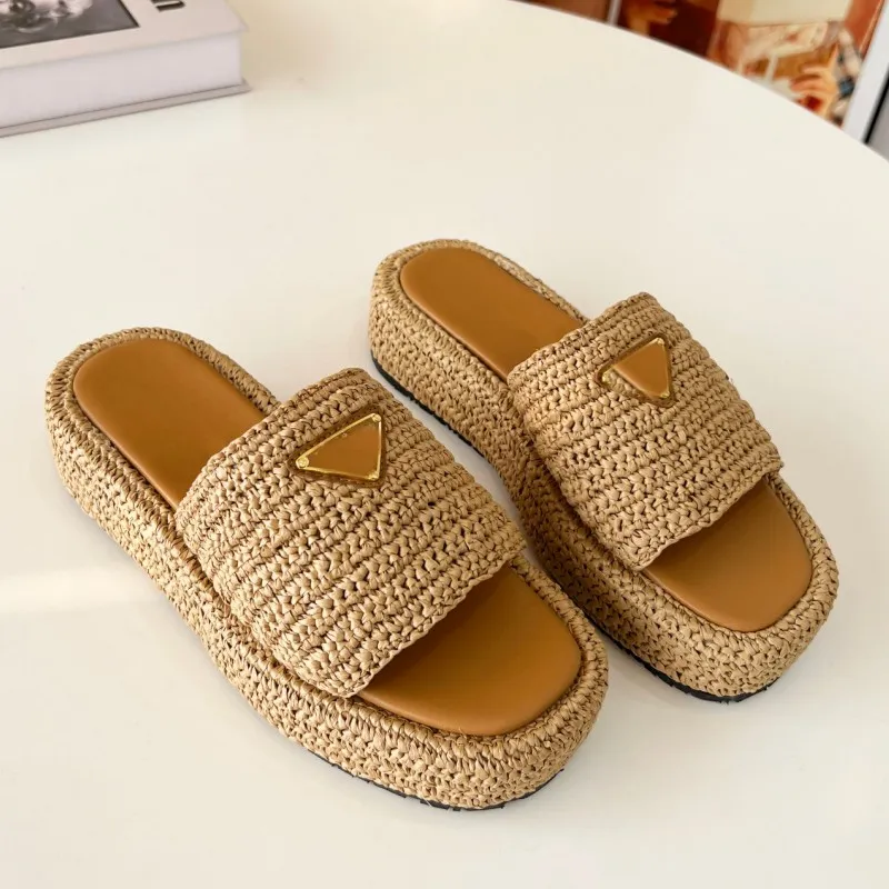 Designer Triangle Buckle Raffia Straw Espadrilles Womens Slip On Straw ...