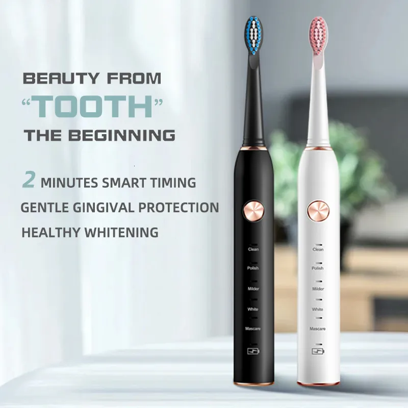 Black White Electric Toothbrush For Couples 5 Modes USB Rechargeable ...