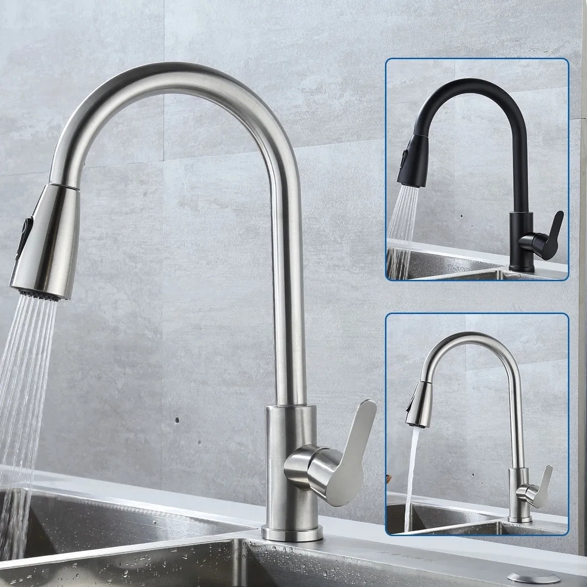 Kitchen Sink Faucet, Pull Out Sprayer, 304 Stainless Steel, 2 Function ...