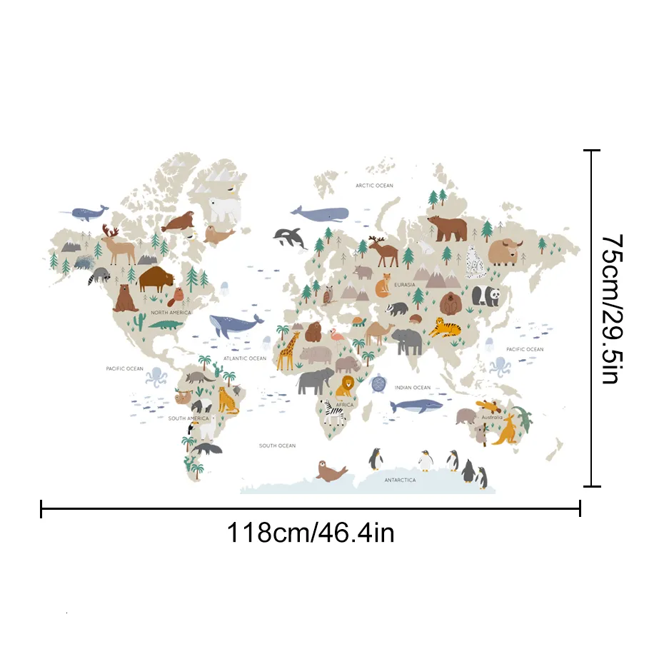 Large Watercolor World Map Stickers For Kids' Room Cartoon Animals And ...