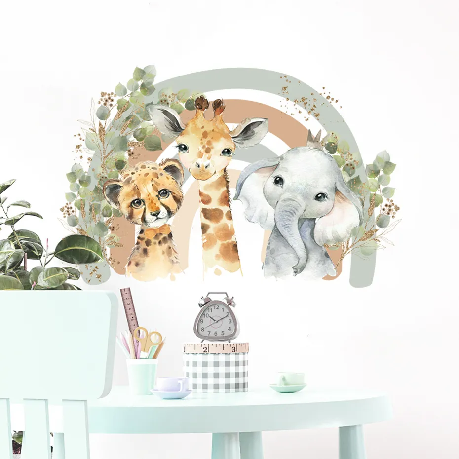 Animal Nursery Wallpaper Cute Elephant And Giraffe Wall Decals Rainbow ...