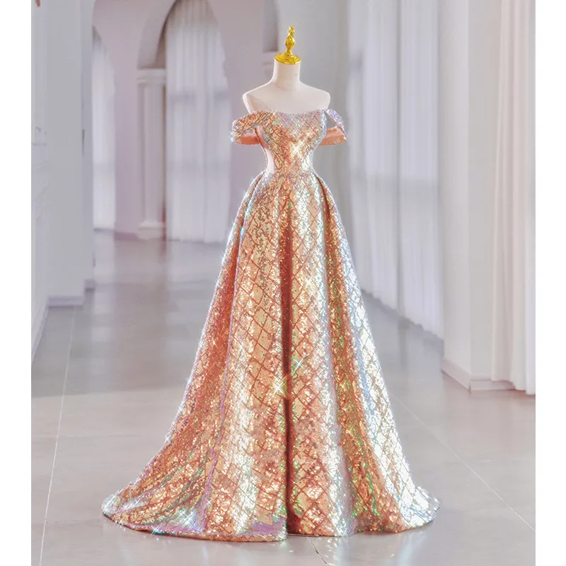 2023 Gold Princess Shimmer Evening Gown With Off Shoulder Lace ...