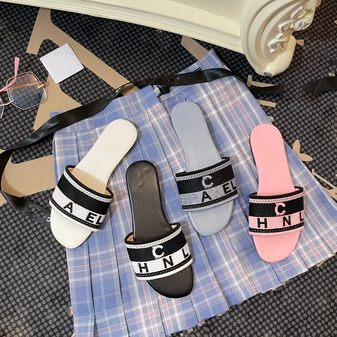 Designer Women's Knit Slippers: Fabric Linen Slides with Flat Heel and ...