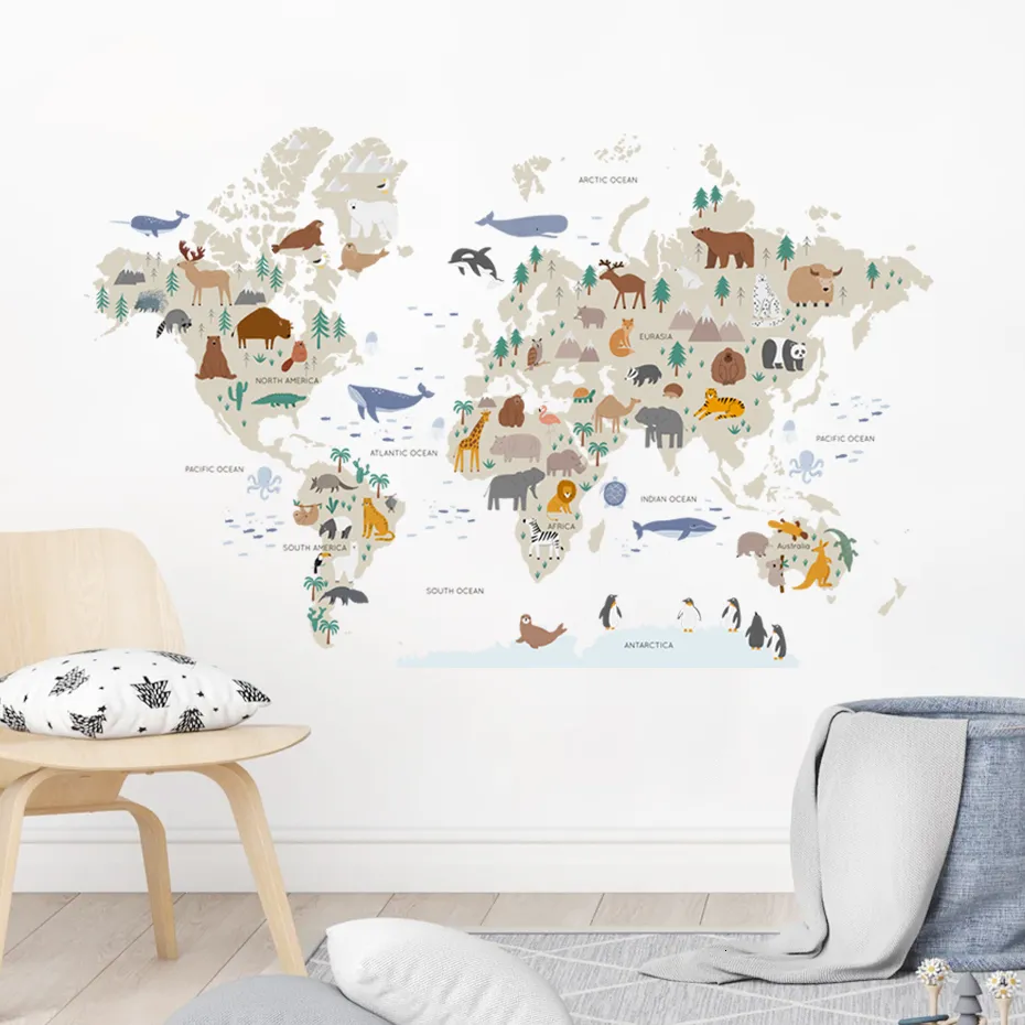 Wall Decor Large World Map Stickers Cartoon Animals Wildlife Watercolor ...