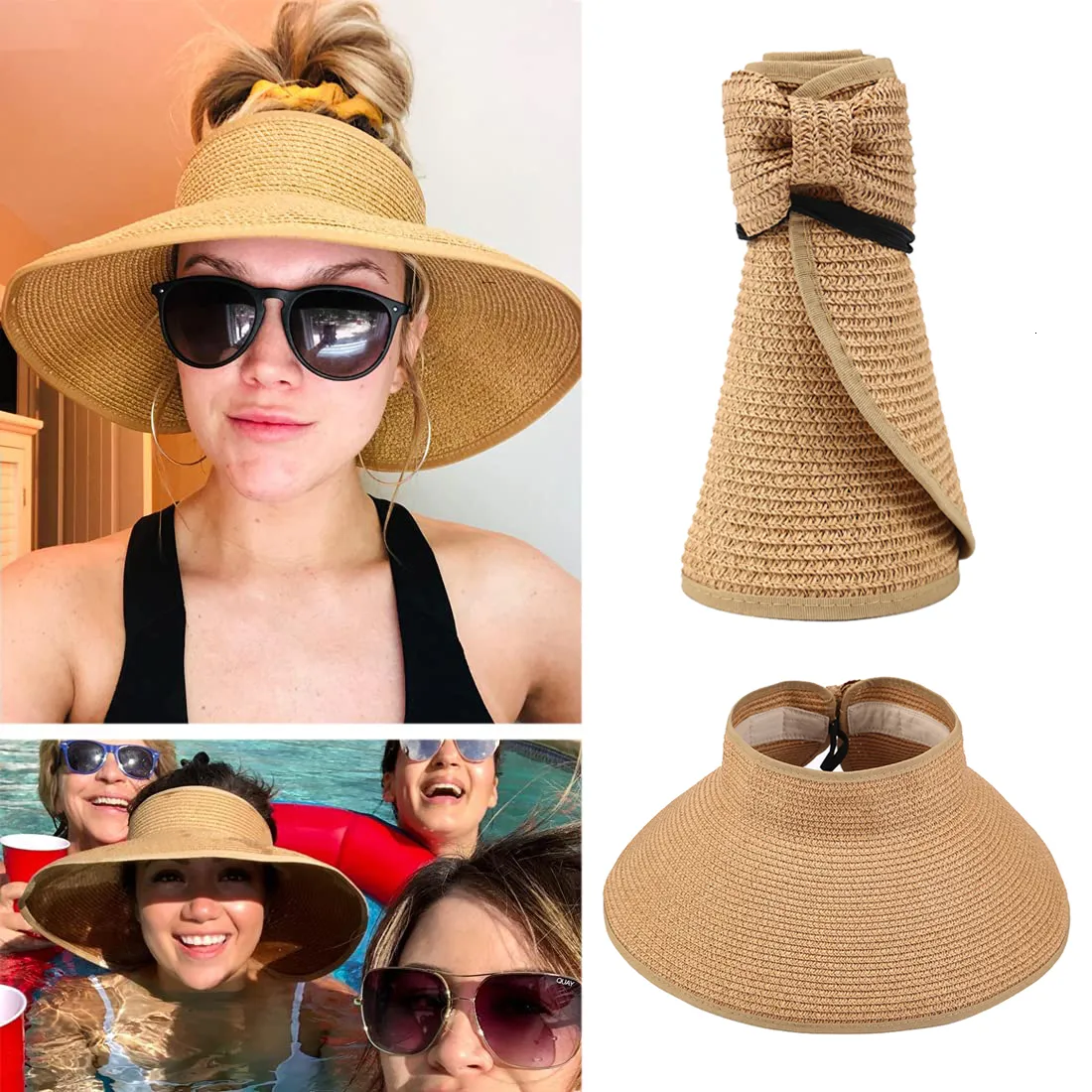 Visors Women Roll Up Sun Visors Wide Brim Straw Hats With UV Protection ...