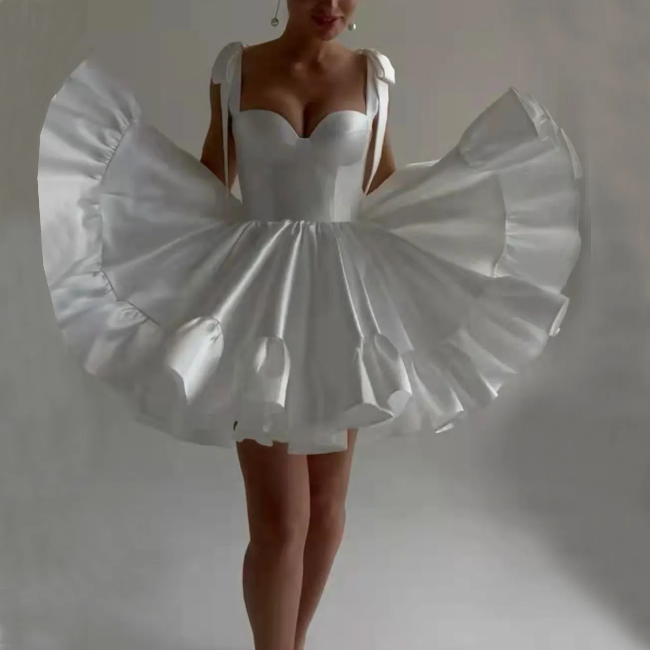 White A Line Prom Dress 2024: Satin Bow Ruffle Spaghetti Straps Short ...