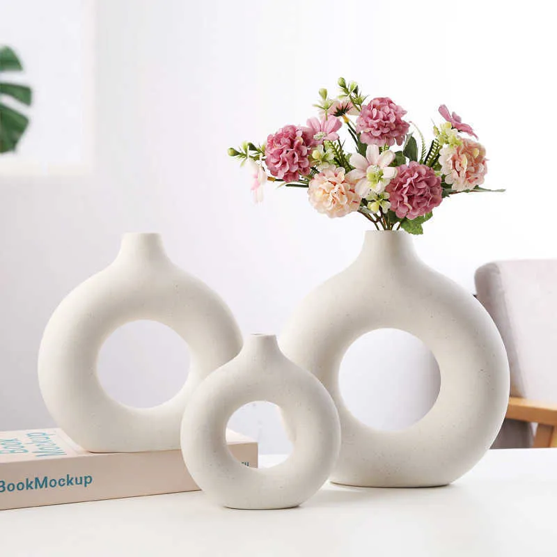 Vases Nordic Ceramic Hollow Donut Vase Modern Flower Pot For Living ...