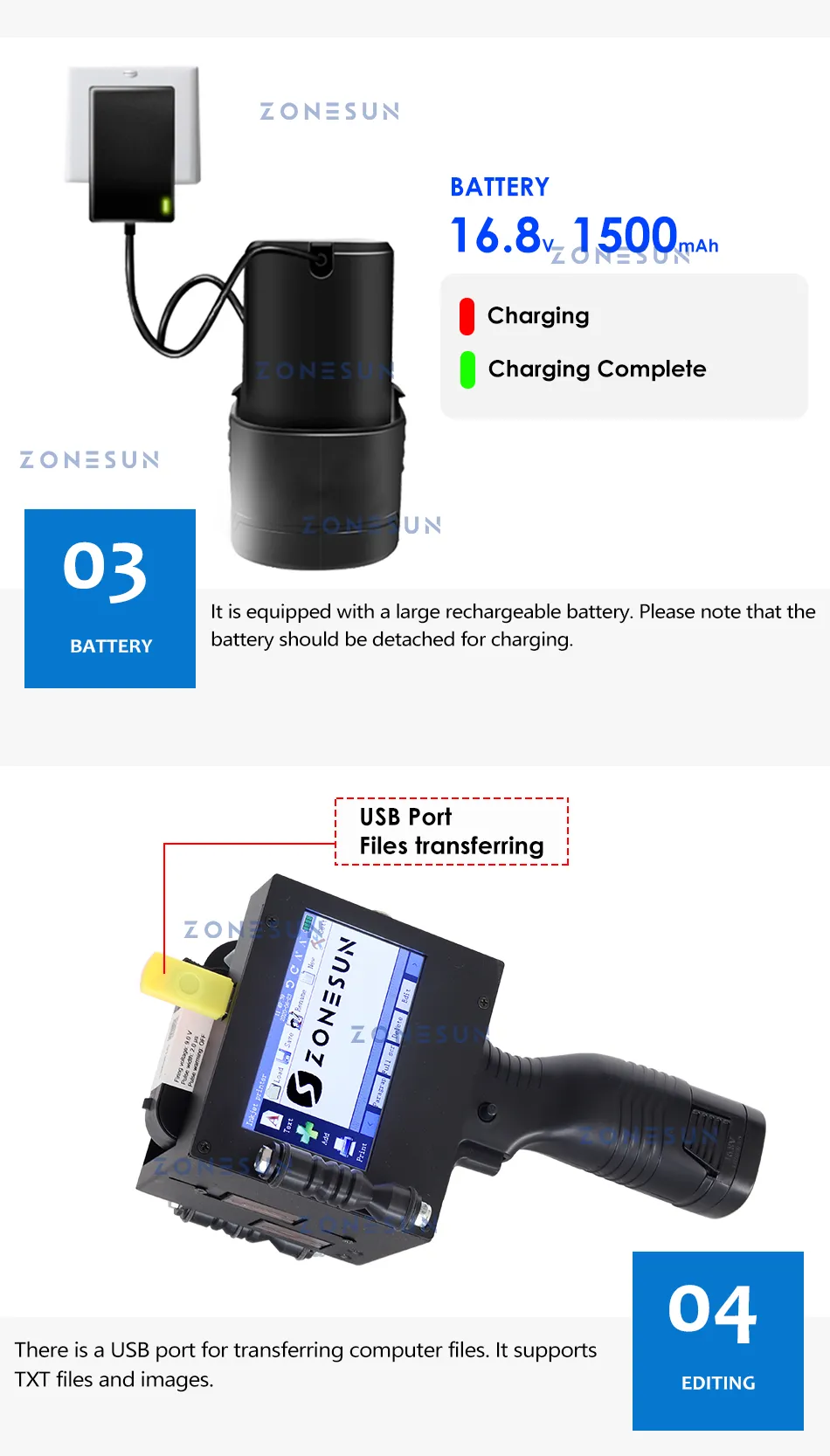 Wholesale ZONESUN Handheld Inkjet Printer Portable 5cm QR Barcode Batch Expiry Date Serial ...
