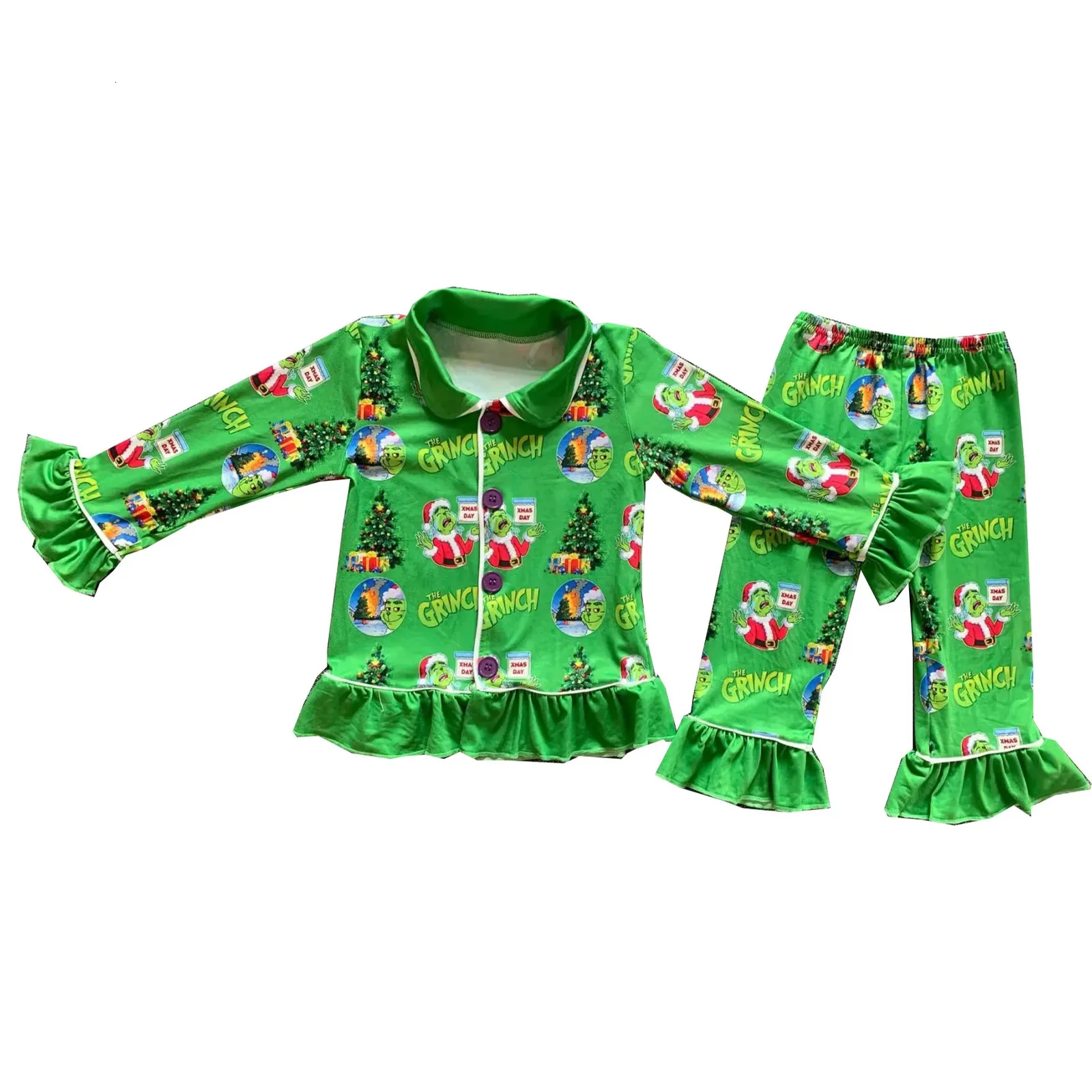 Green Christmas Tree Pattern Pajama Set For Girls Lapel Long Sleeve ...
