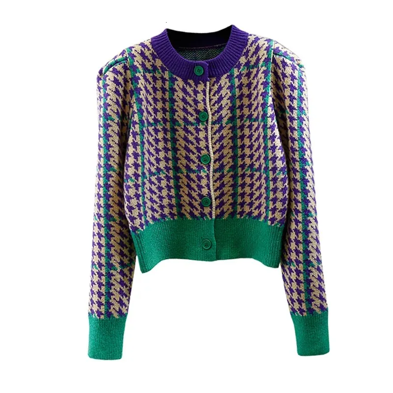 Women s Knit Cardigan Sweaters Single-Breasted Plaid Acetate Jackets for Autumn Winter from ...