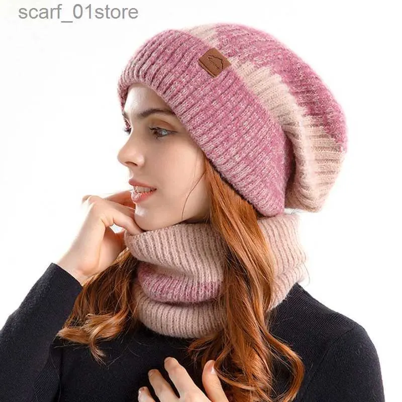 Women's Knitted Winter Hat and Scarf Set, Thick Fur Lined Neck Warmer ...