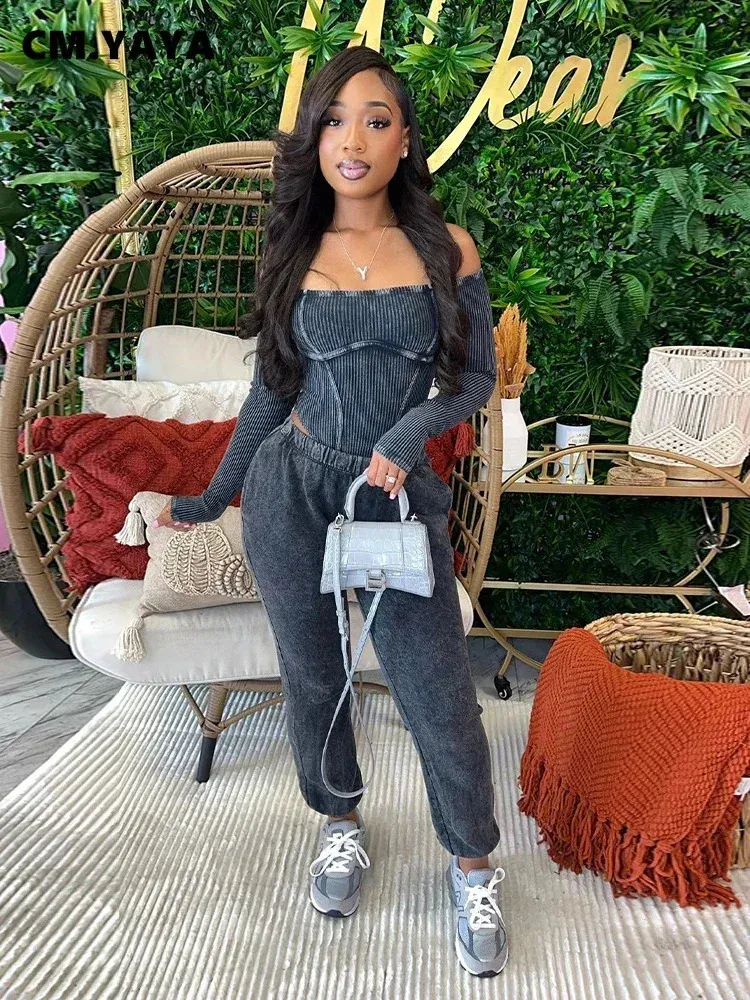 CM YAYA Women's Outfits Off Shoulder Knit Bodysuit and Jogger Pants Set Casual Streetwear ...