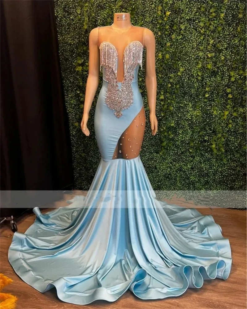 Black Mermaid Gown: Elegant Aqua Blue Prom Dresses , Sheer Neck Beaded ...