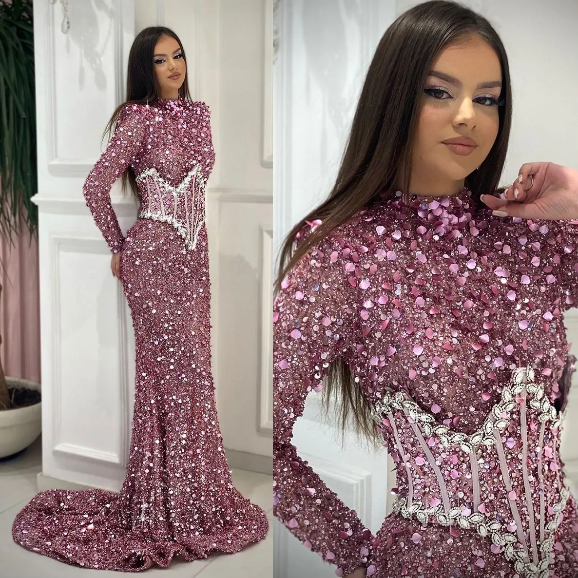 Sparkly Glitter Prom Dresses Long Sleeves Evening Gown Sequined Sweep ...