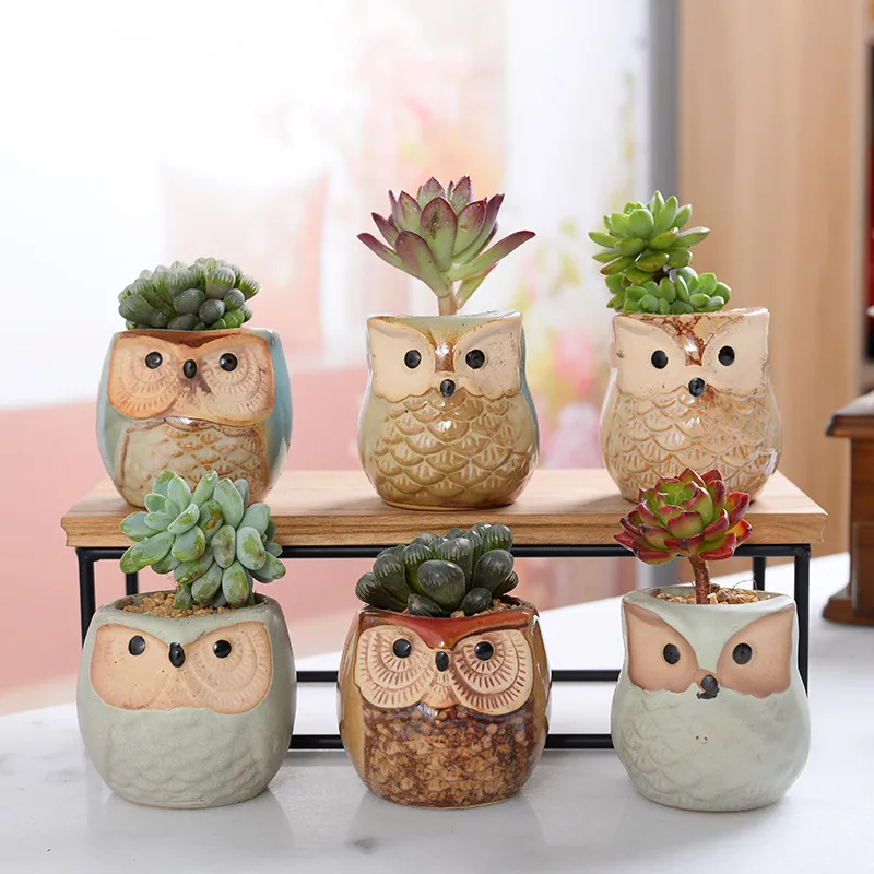Owl Pot Ceramic Flowing Glaze Base Succulent Plant Pots Cactus Flower ...