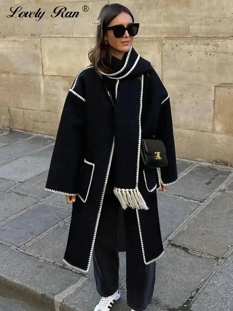Women s Wool Blend Long Overcoat with Scarf, Turn-Down Collar, Full ...