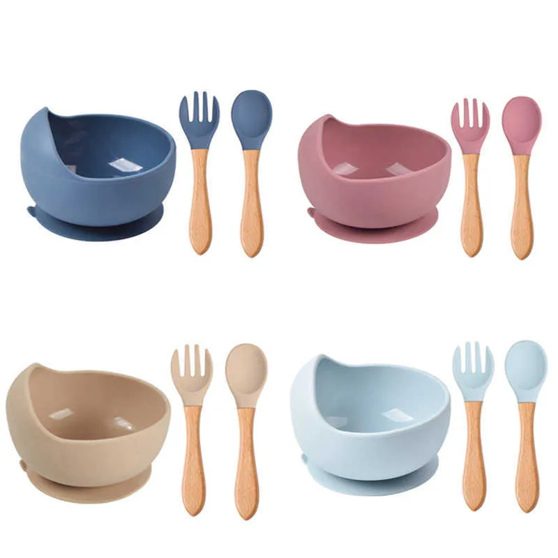 Silicone Infant Feeding Bowls Set Wooden Handle Spoon Fork Bibs, Non ...
