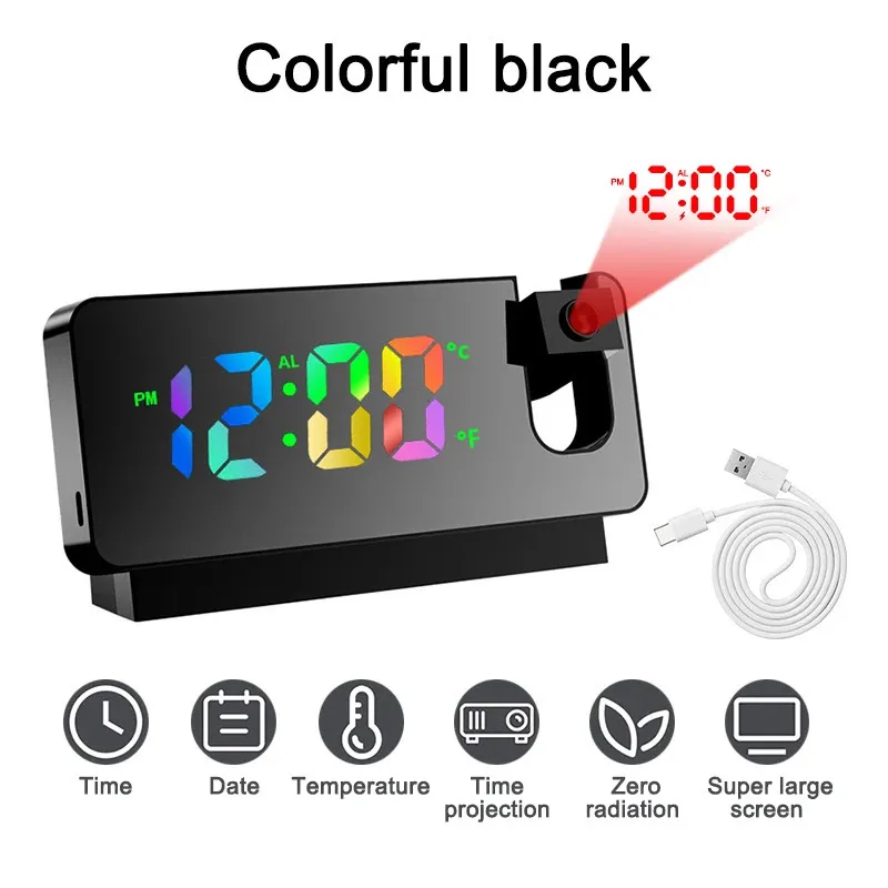 Desk Table Clocks 180° Rotation LED Digital Projection Alarm Clock USB ...