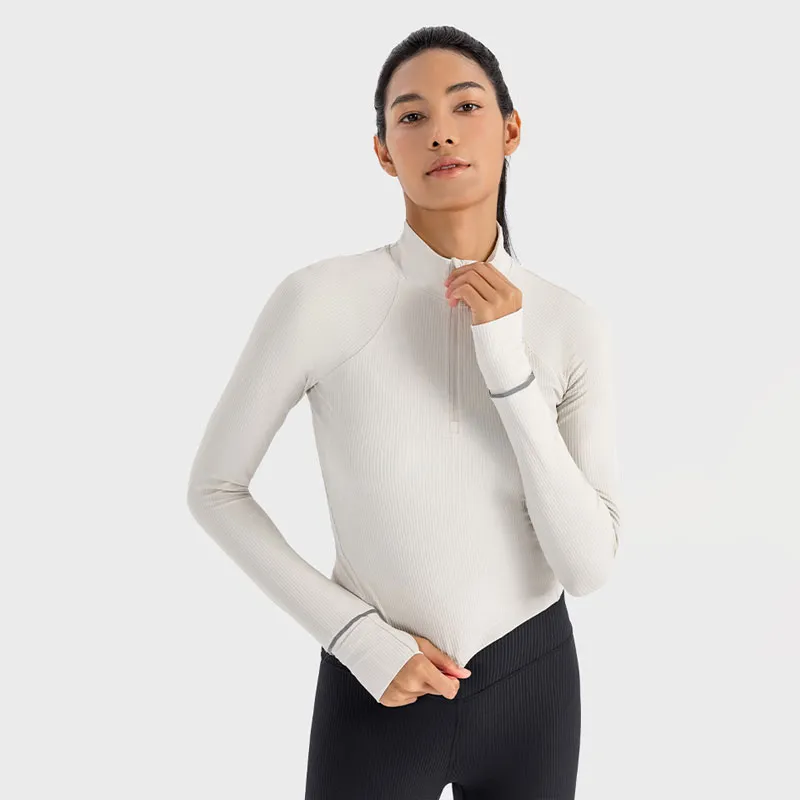 Lightweight Half Zip Cropped Yoga Tops - Slim Fit Long Sleeve Shirts ...