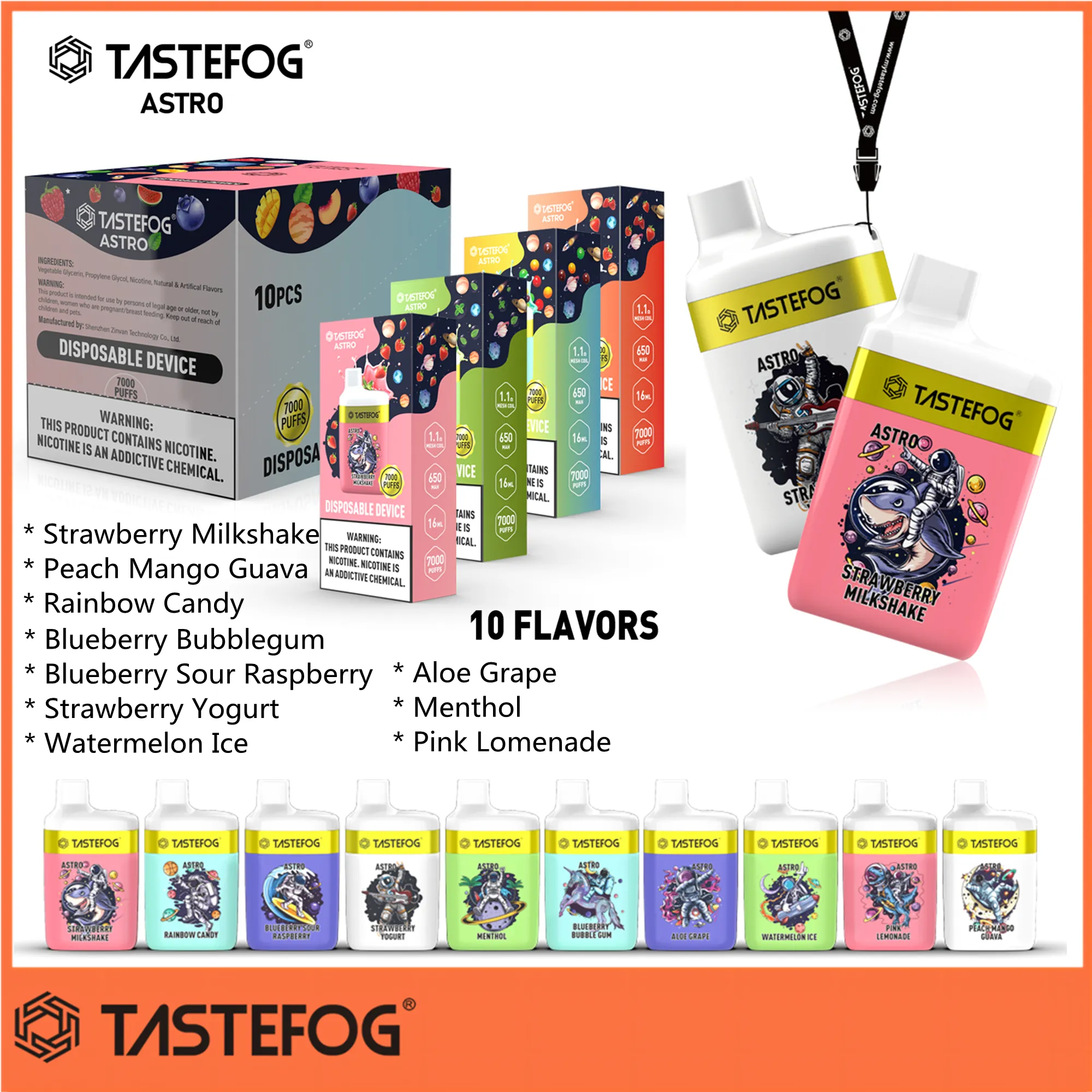 Original Tastefog Astro 7000 Puffs Disposable Vape Pen 2% Rechargeable ...