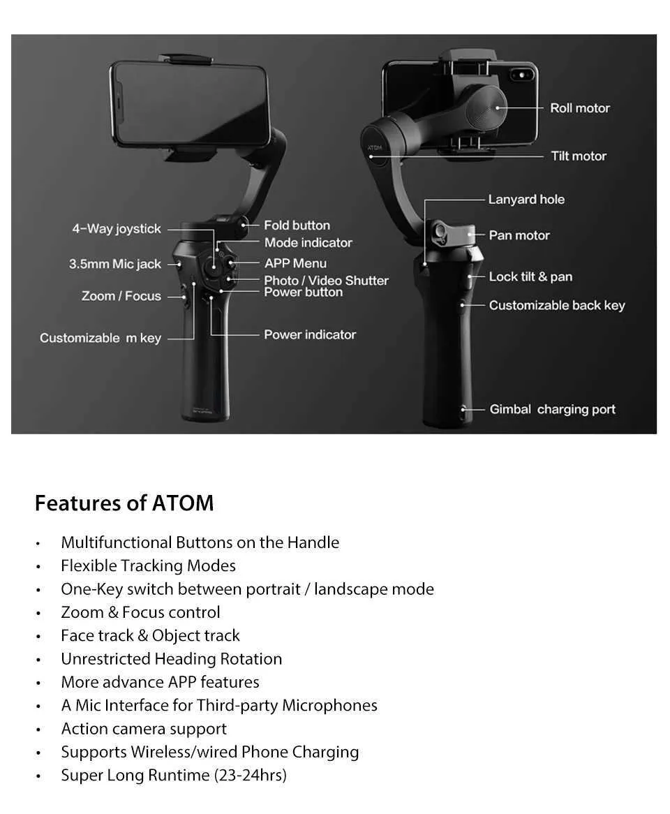 Estabilizadores USADOS Snoppa Atom 3 Axis Gimbal Smartphone Estabilizador De Mano Para IPhone ...