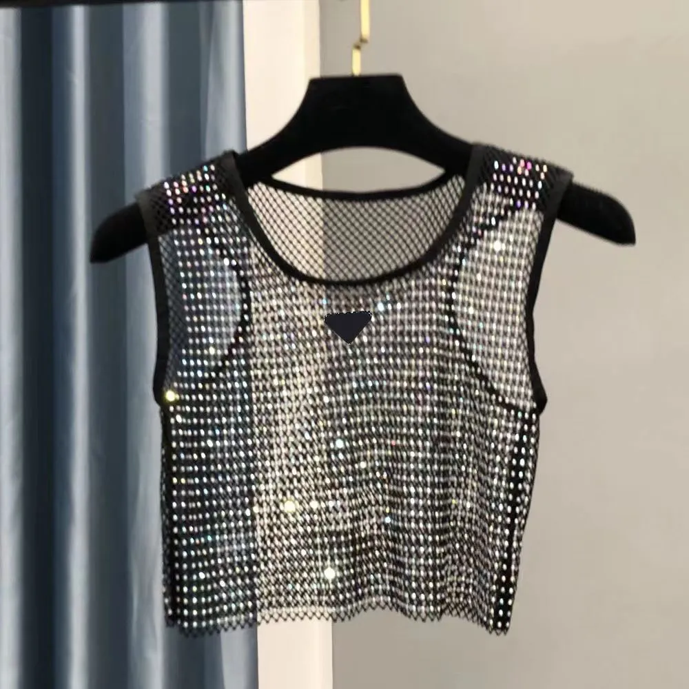 Sleeveless Net Tank Top For Women Crystal Diamond Embellished Vest Tee ...