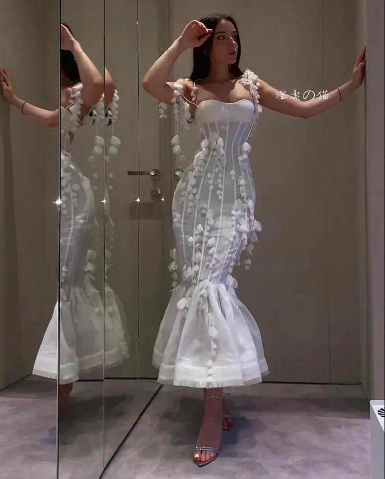 White Lace Mermaid Prom Dresses Two Piece Floral Embroidered Satin