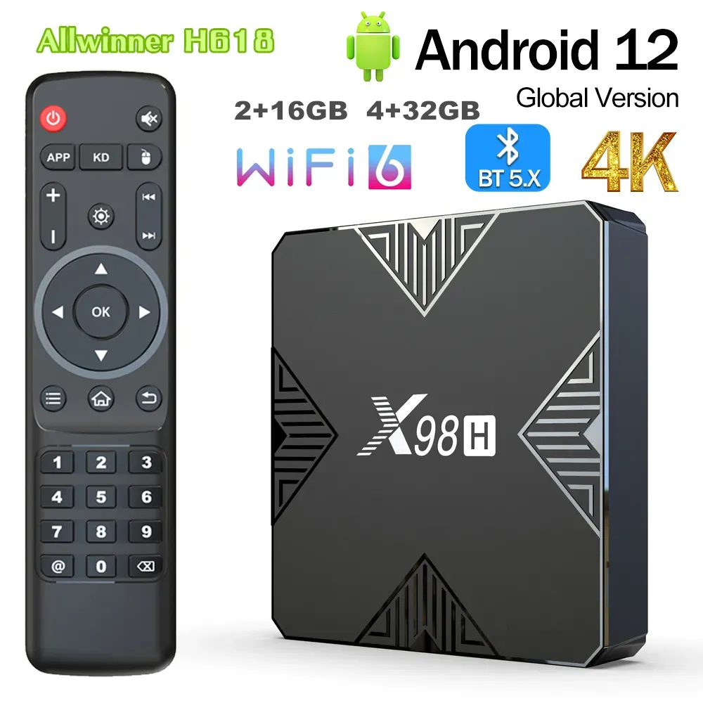 Android TV Box 12.0 Media Player: Allwinner H618, 2GB/4GB RAM, 16GB/32GB ROM, BT5.0, AV1, Wifi6 ...