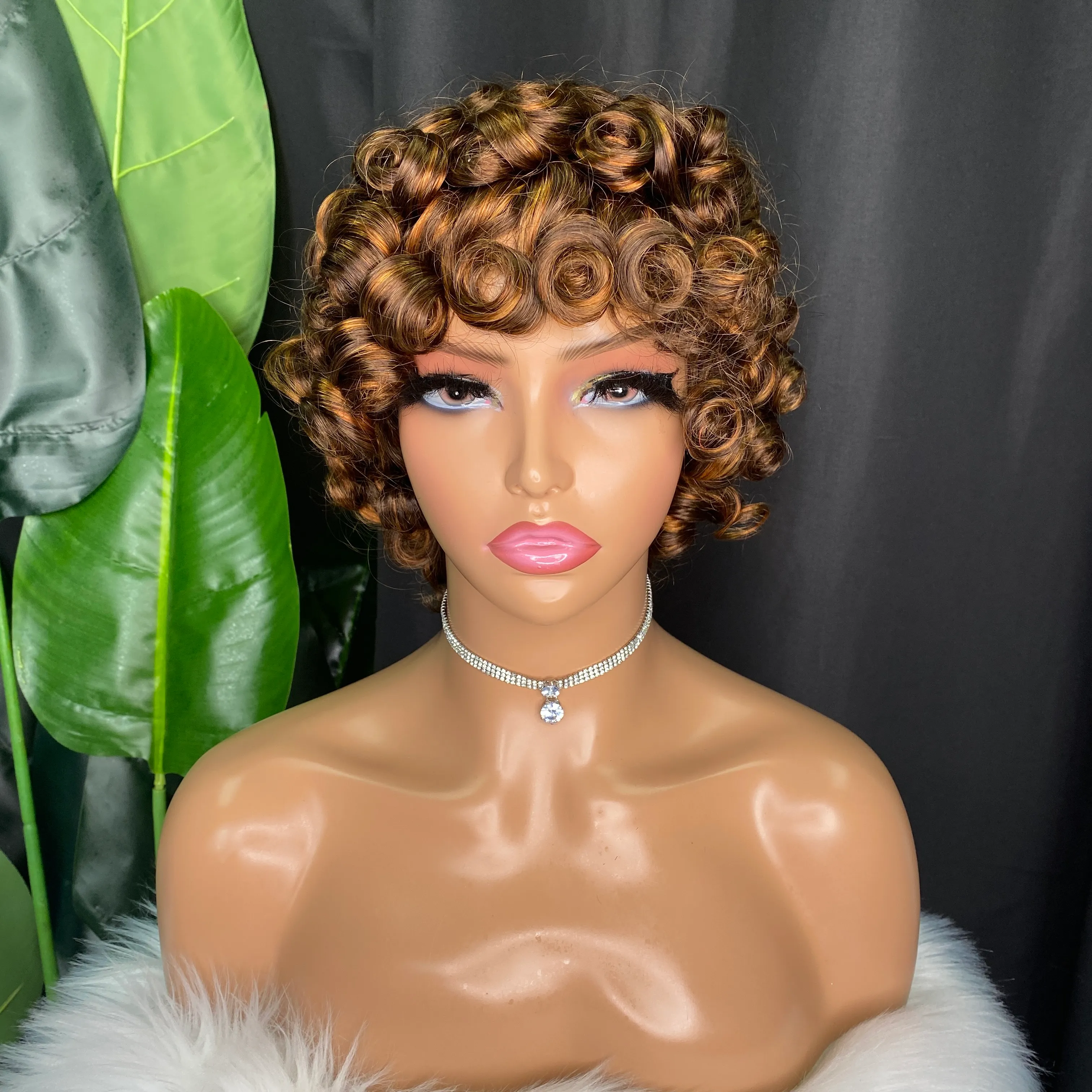 Short Pixie Cut Wigs: Curly Bob Wig P4/27 Remy Human Hair Loose Wave ...