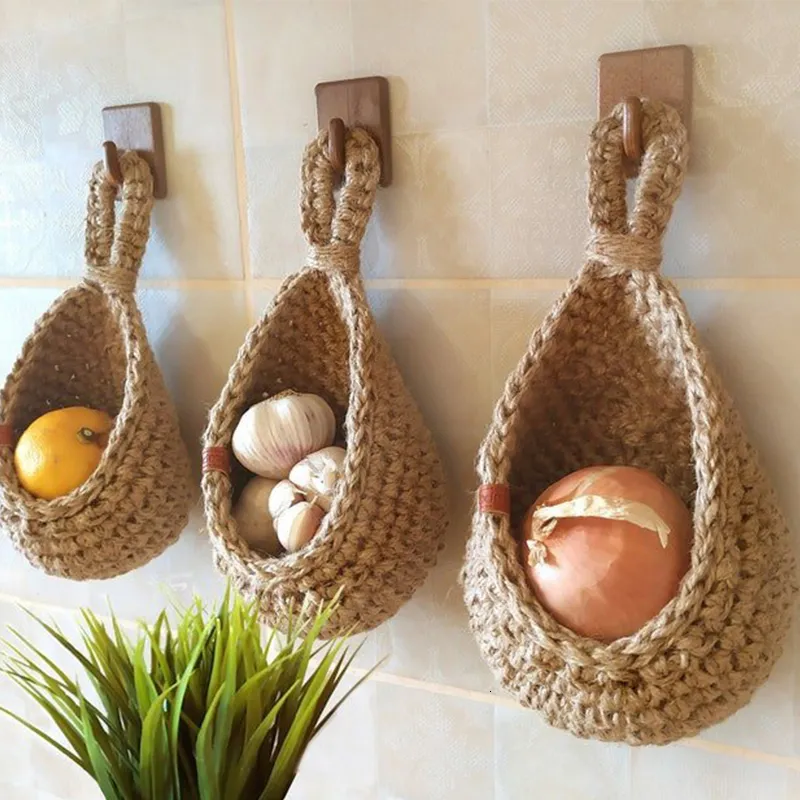 Storage Baskets Natural Wicker Woven Wall Hanging Fruit And Vegetable ...