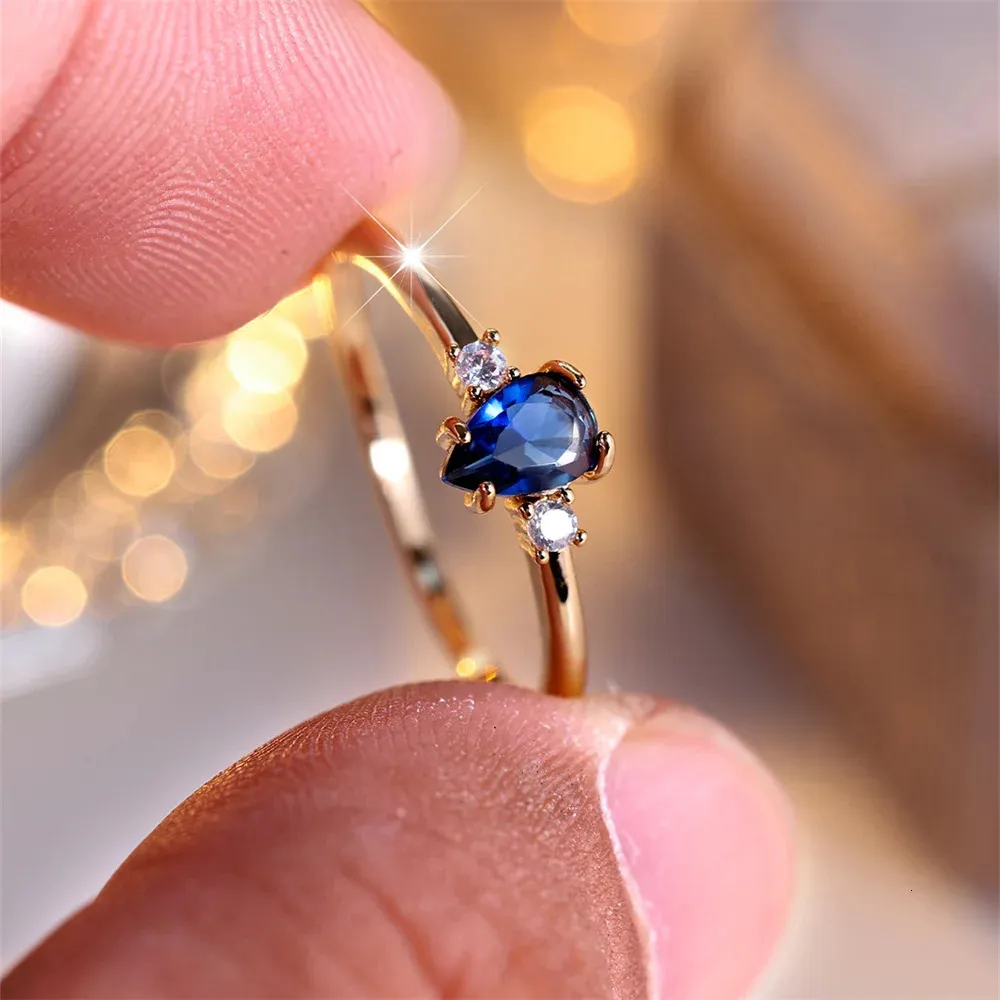 Elegant Water Drop Solitaire Ring: Blue Crystal & Zircon, Gold Color ...