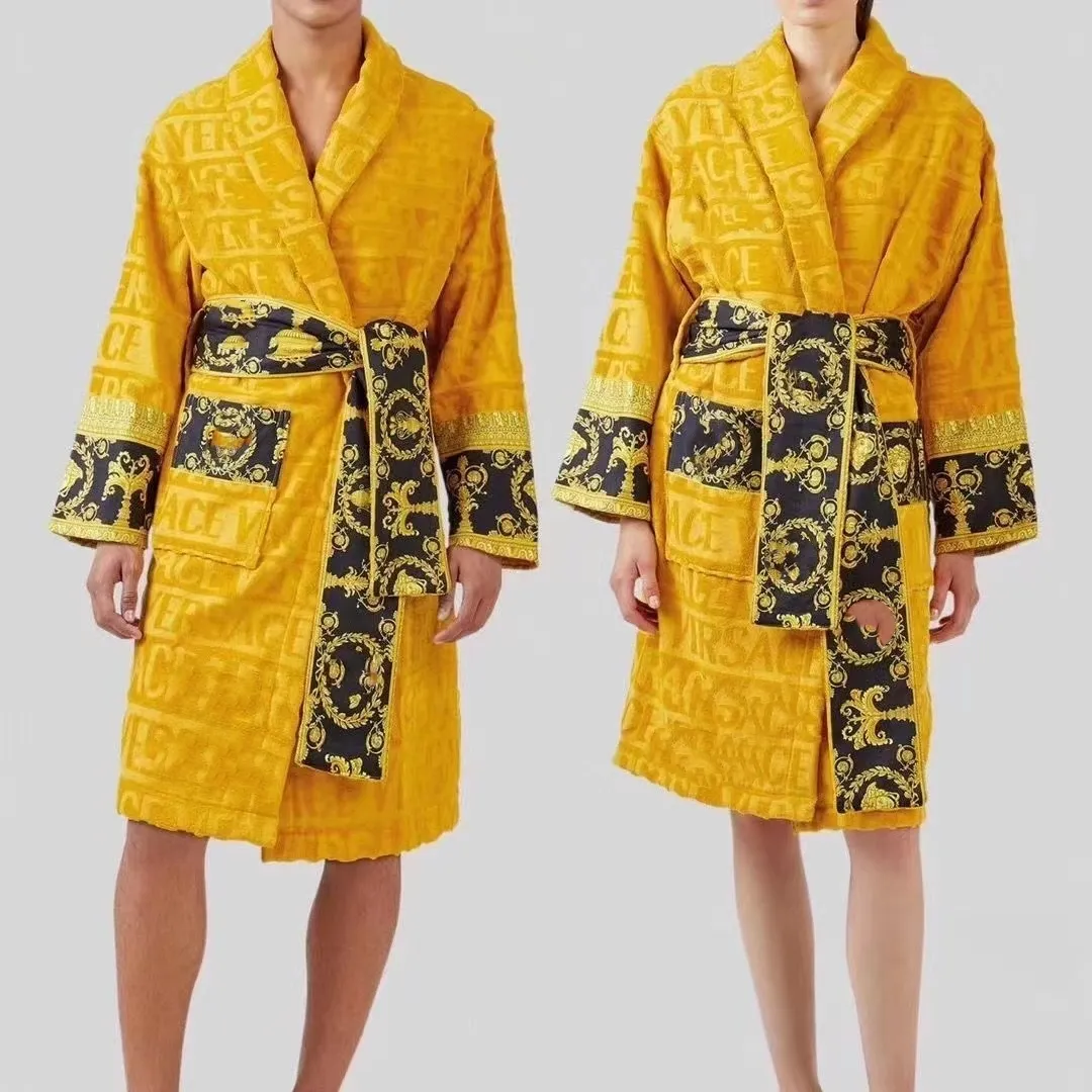 Luxury Designer Yellow Cotton Lace Up Robe Unisex Bathrobe Cardigan ...