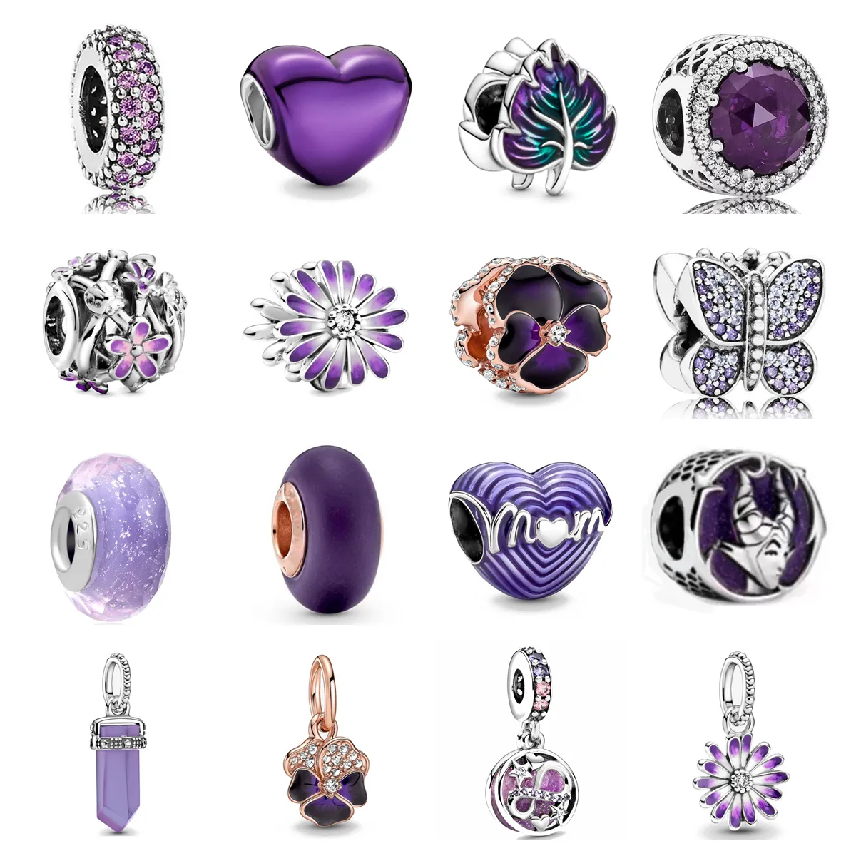 925 Sterling Silver Purple Charm Bracelet: Daisy, Glass Beads & More ...