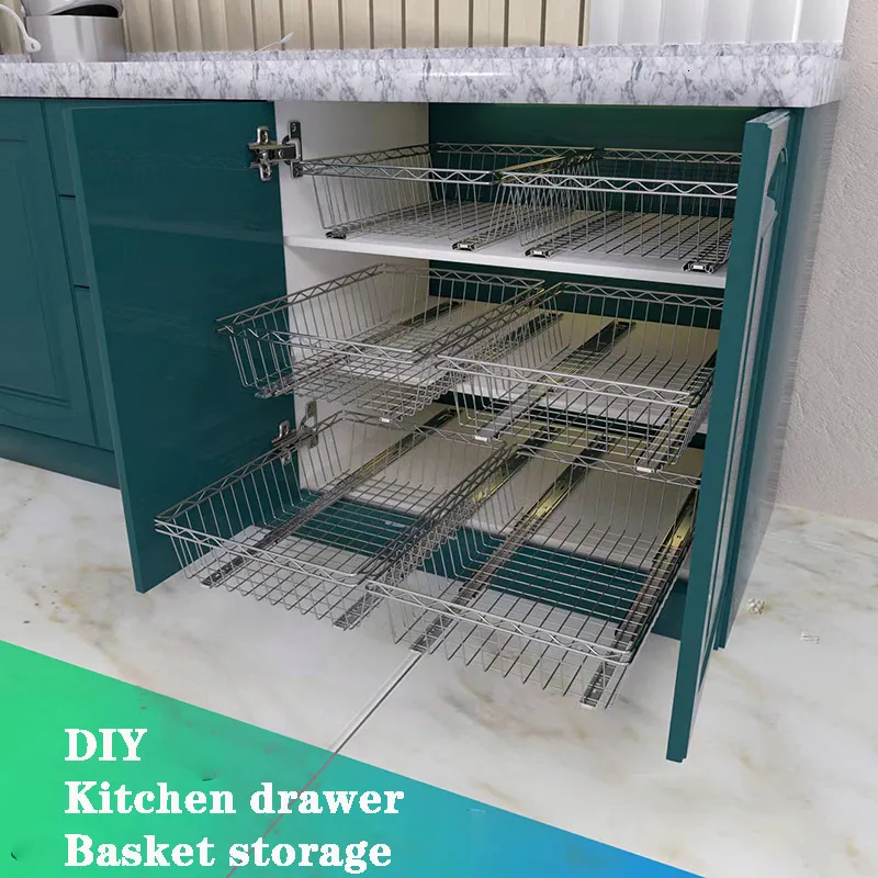Sliding Cabinet Organizer - DIY Kitchen Cupboard Basket, Stainless ...