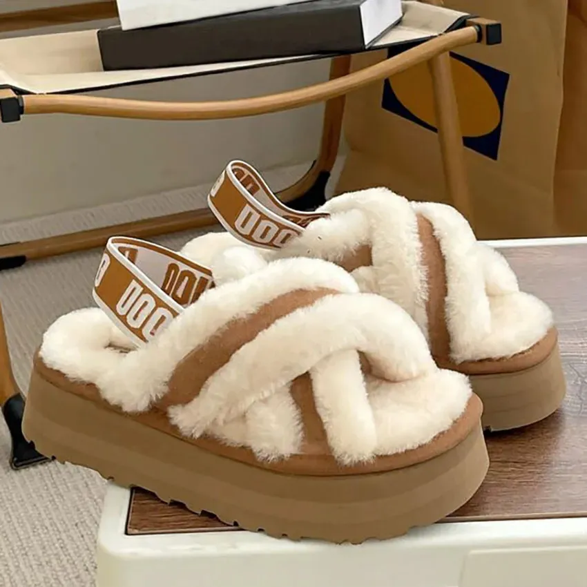 T Tasman UKG Chestnu Fluffy Platform Slippers Designer Wool Snow Shoes ...